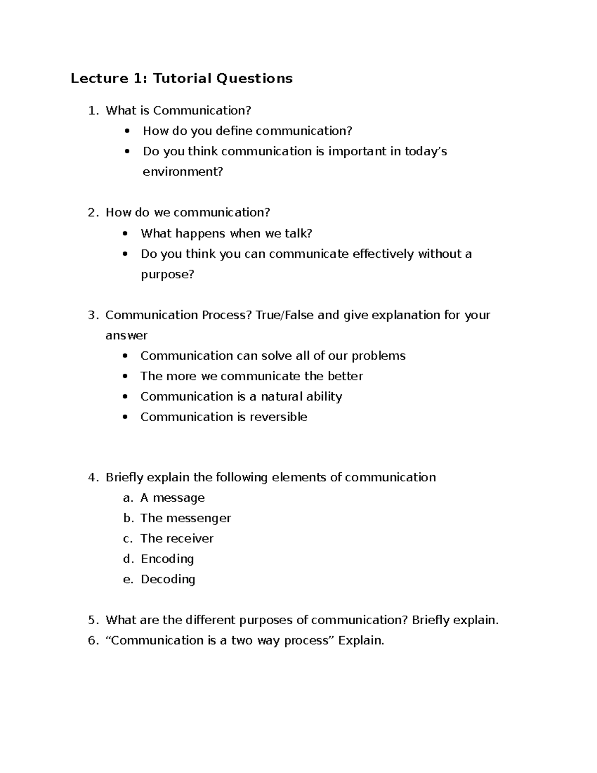 Tutorial 1 Questions - Communication - Lecture 1: Tutorial Questions ...