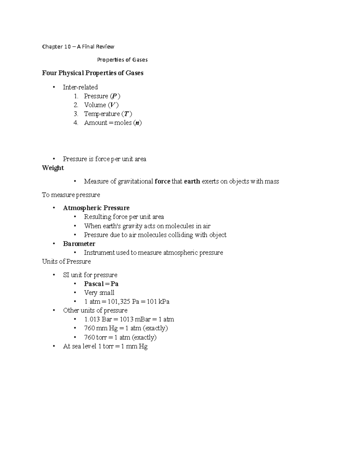 Chapter 10 A- Review - Chapter 10 – A Final Review Properties of Gases ...