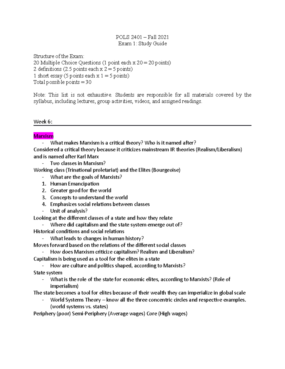 POLS 2401 - Study Guide for Exam 2 - POLS 2401 – Fall 2021 Exam 1 ...