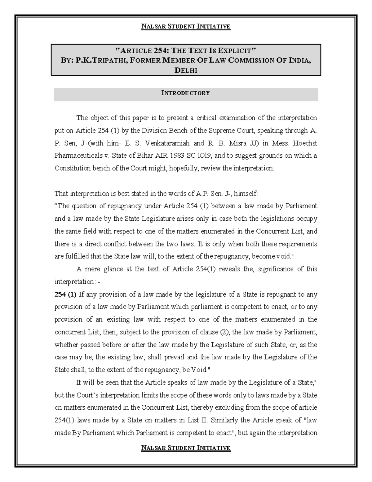 P K Tripathi-Art 254 The Text is Explicit - - Studocu