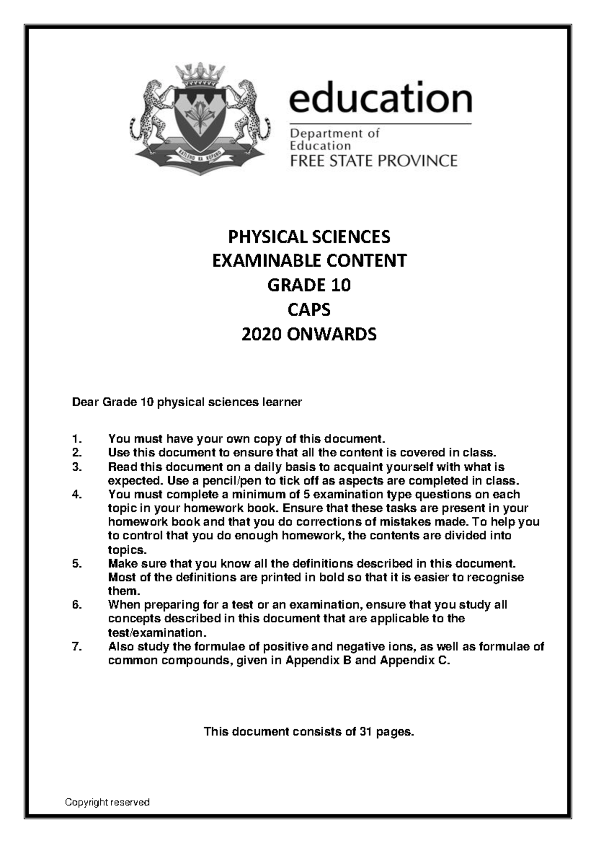 FS Phy Sci Gr 10 Exam content learners 2020 ENG Complete - PHYSICAL ...