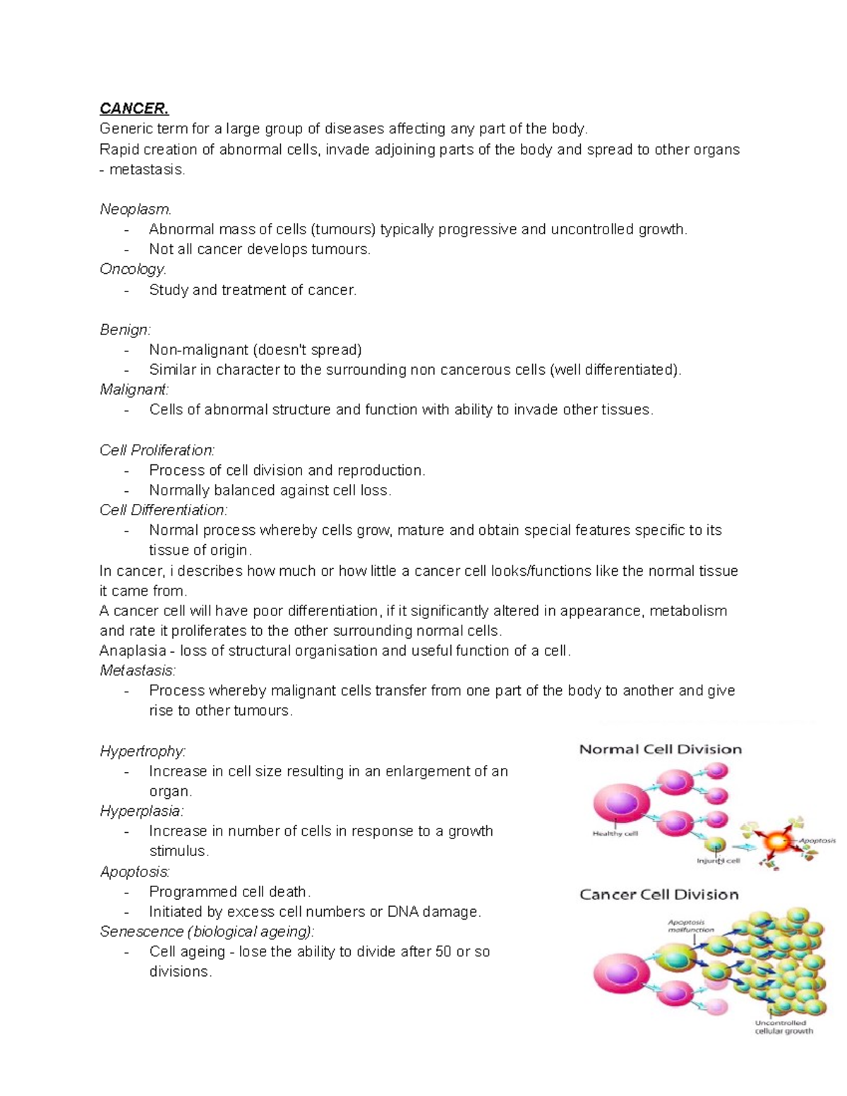 Cancer - lecture notes on pathophysiology - CANCER. Generic term for a ...