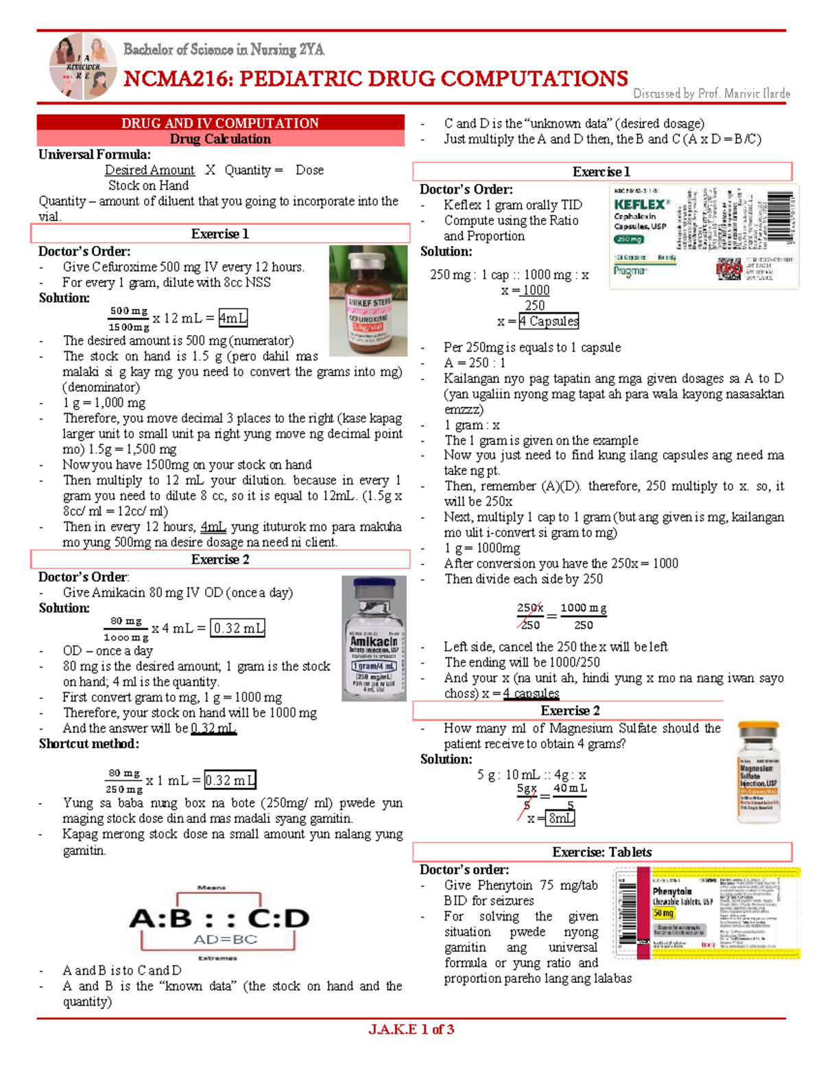 WK4 - Pediatric Drug Computations - J.A.K 1 of 3 Bachelor of Science in ...