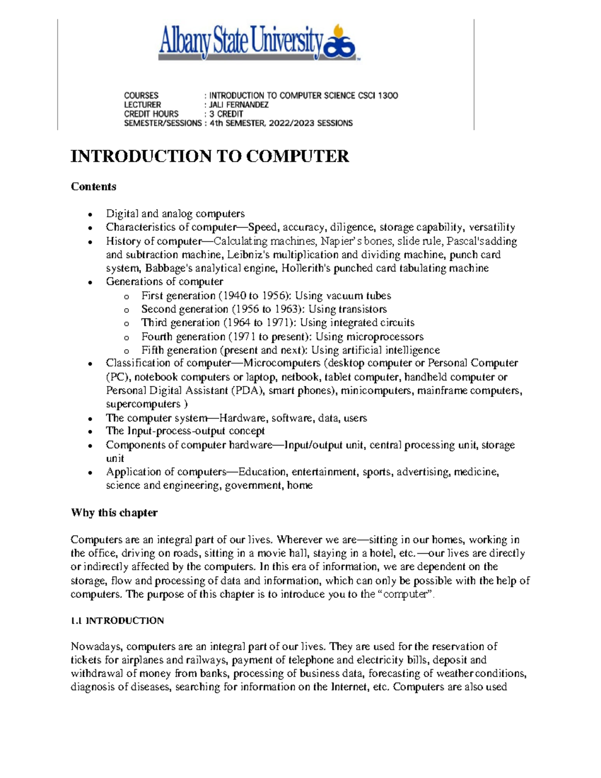 Csci 1300 Introdution To Computer Science Bab 1 110 1 Introduction To Computer Contents