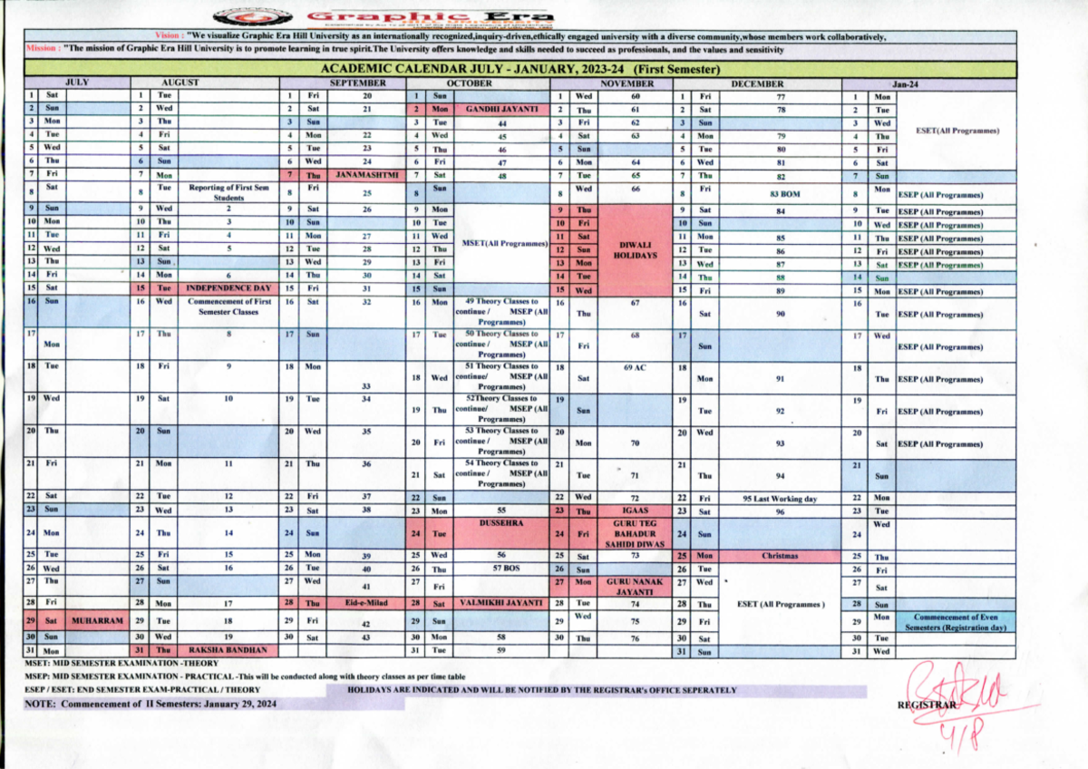 Academic Calendar for First Semester 181 - b.a.ll.b - Studocu