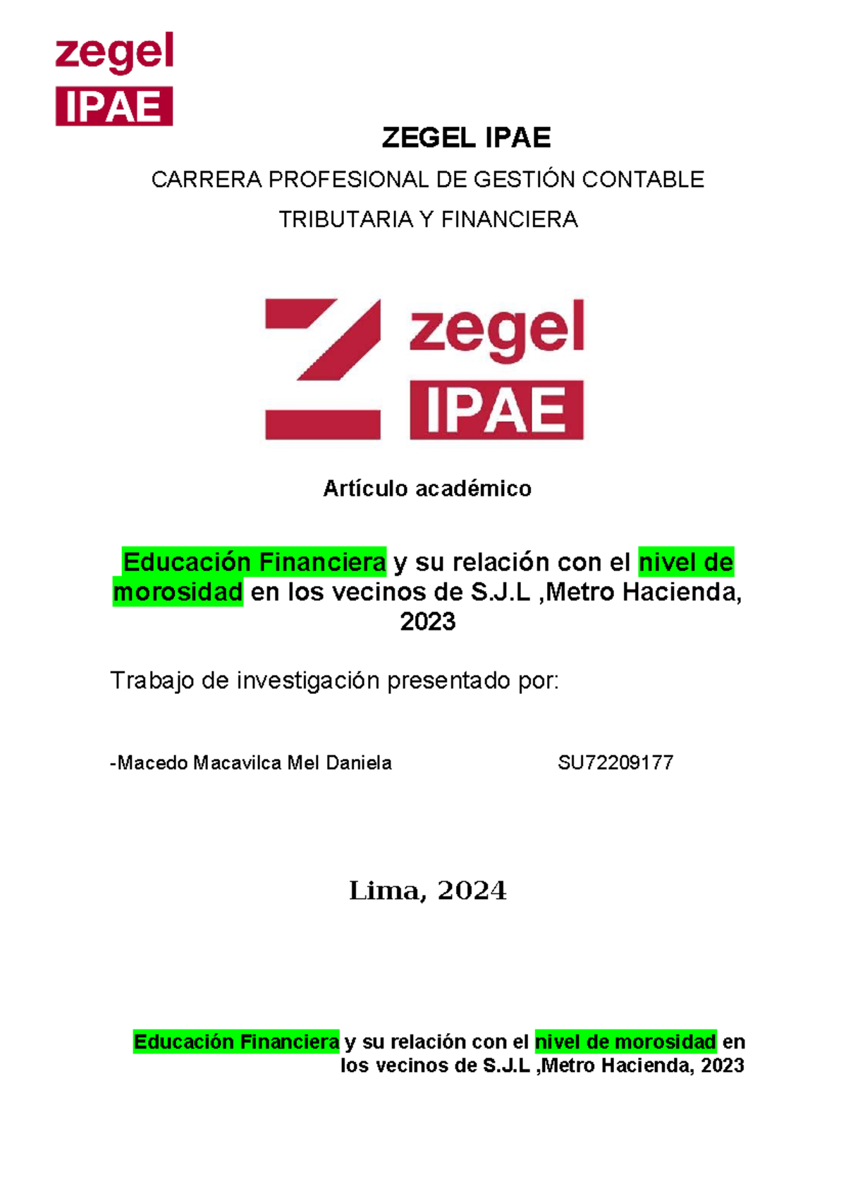 Modelo Avance 2 - Semana 14 - ZEGEL IPAE CARRERA PROFESIONAL DE GESTIÓN ...