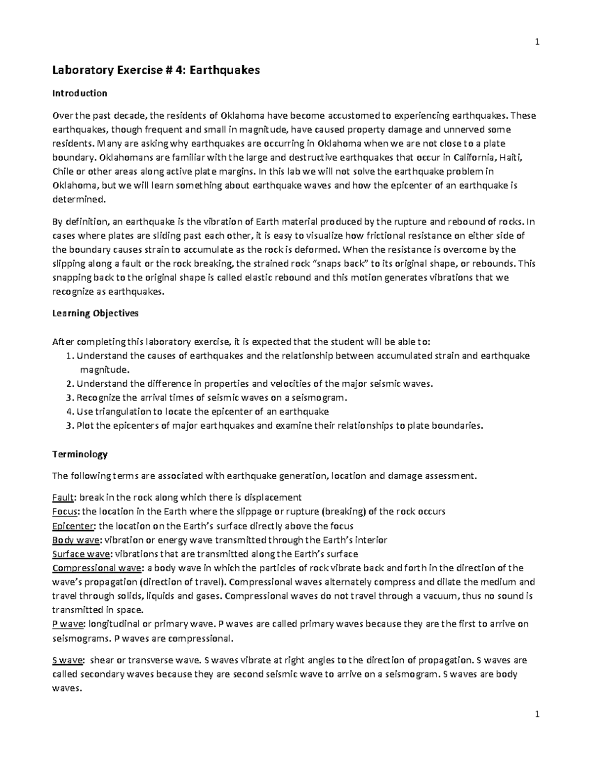 Laboratory Exercise 4 Earthquakes - Laboratory Exercise # 4 ...