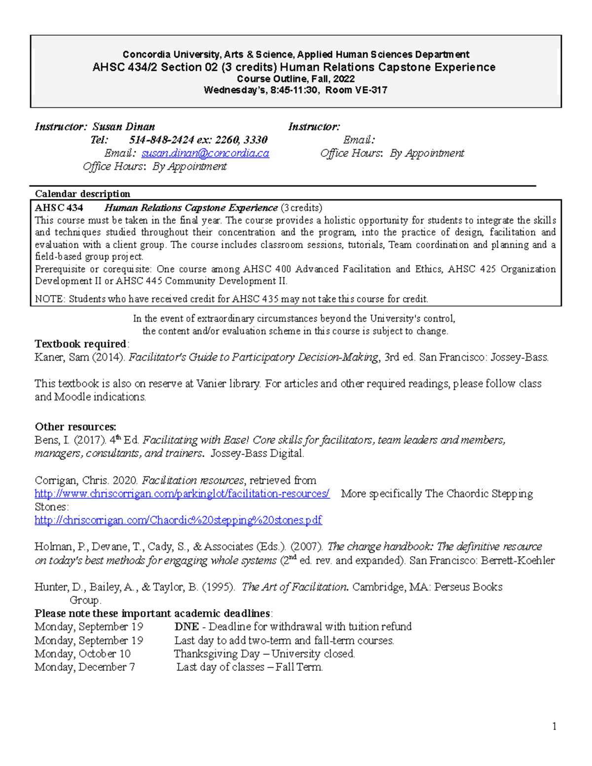 AHSC 434 Outline - Concordia University, Arts & Science, Applied Human ...