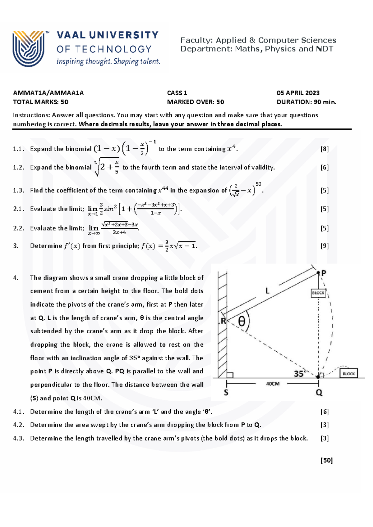 2023 April Class 1 Maths 1 - Faculty: Applied & Computer Sciences Department: Maths, Physics and ...