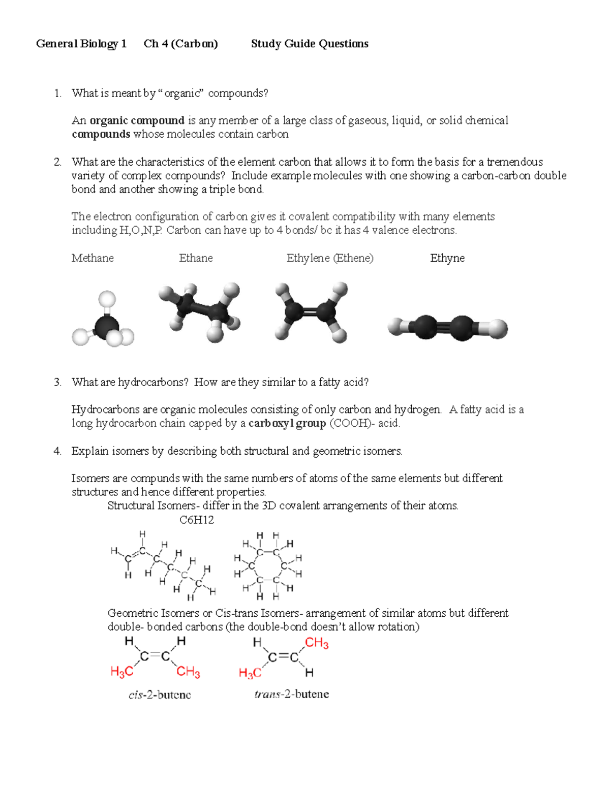Chapter 4 Study Guide - General Biology 1 Ch 4 (Carbon) Study Guide ...