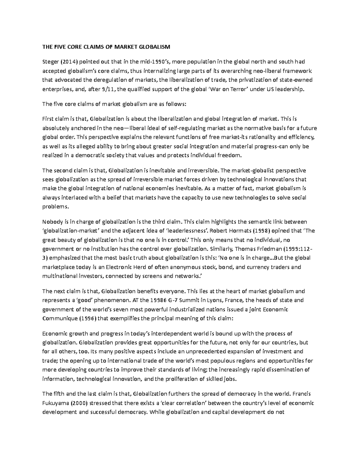 THE FIVE CORE Claims OF Market Globalism - THE FIVE CORE CLAIMS OF ...