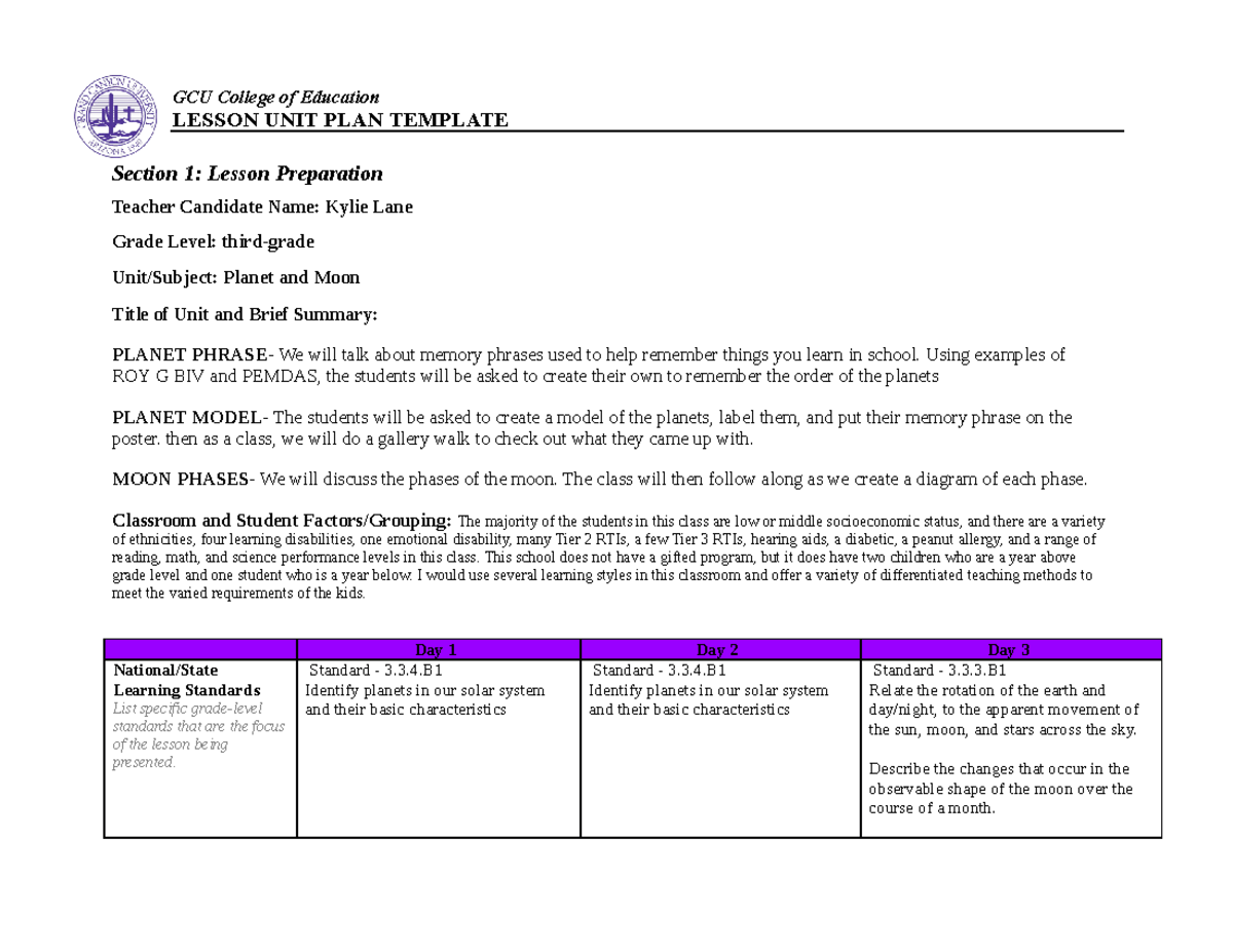 3-day unit plan template - Section 1: Lesson Preparation Teacher ...
