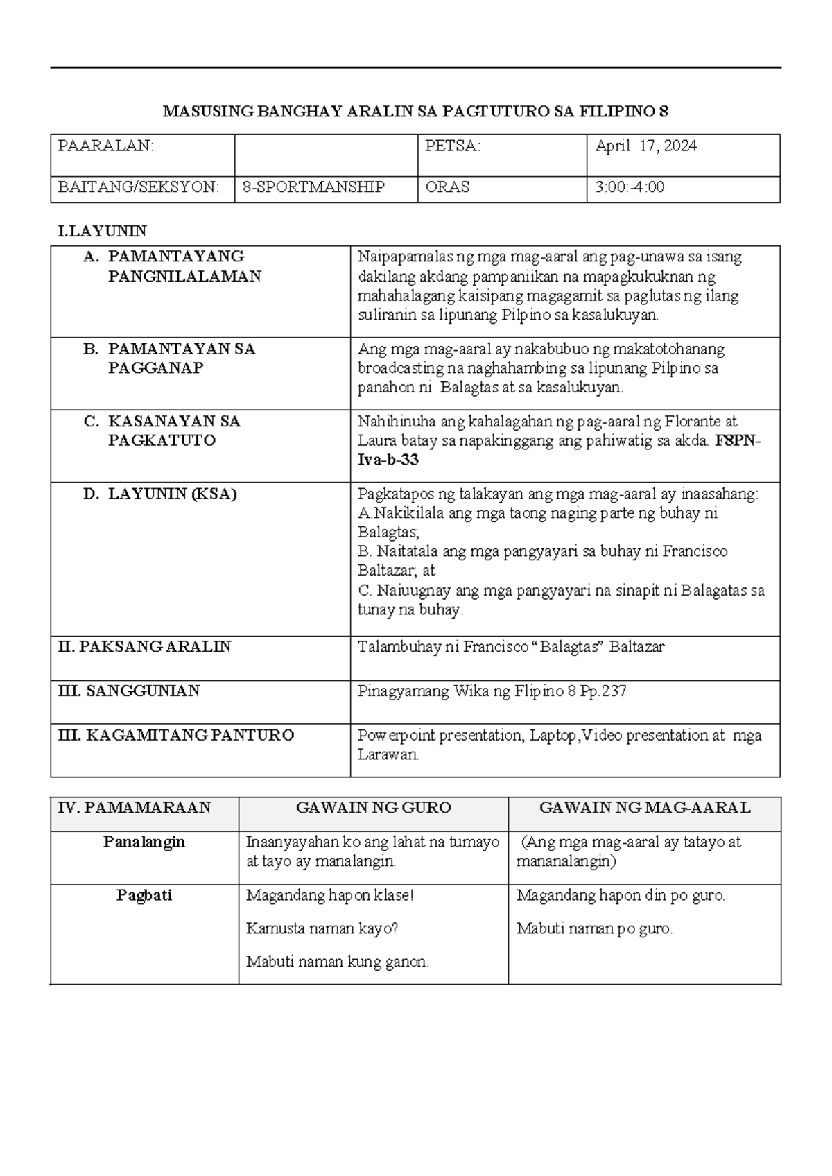 Talambuhay ni Balagtas - MASUSING BANGHAY ARALIN SA PAGTUTURO SA ...