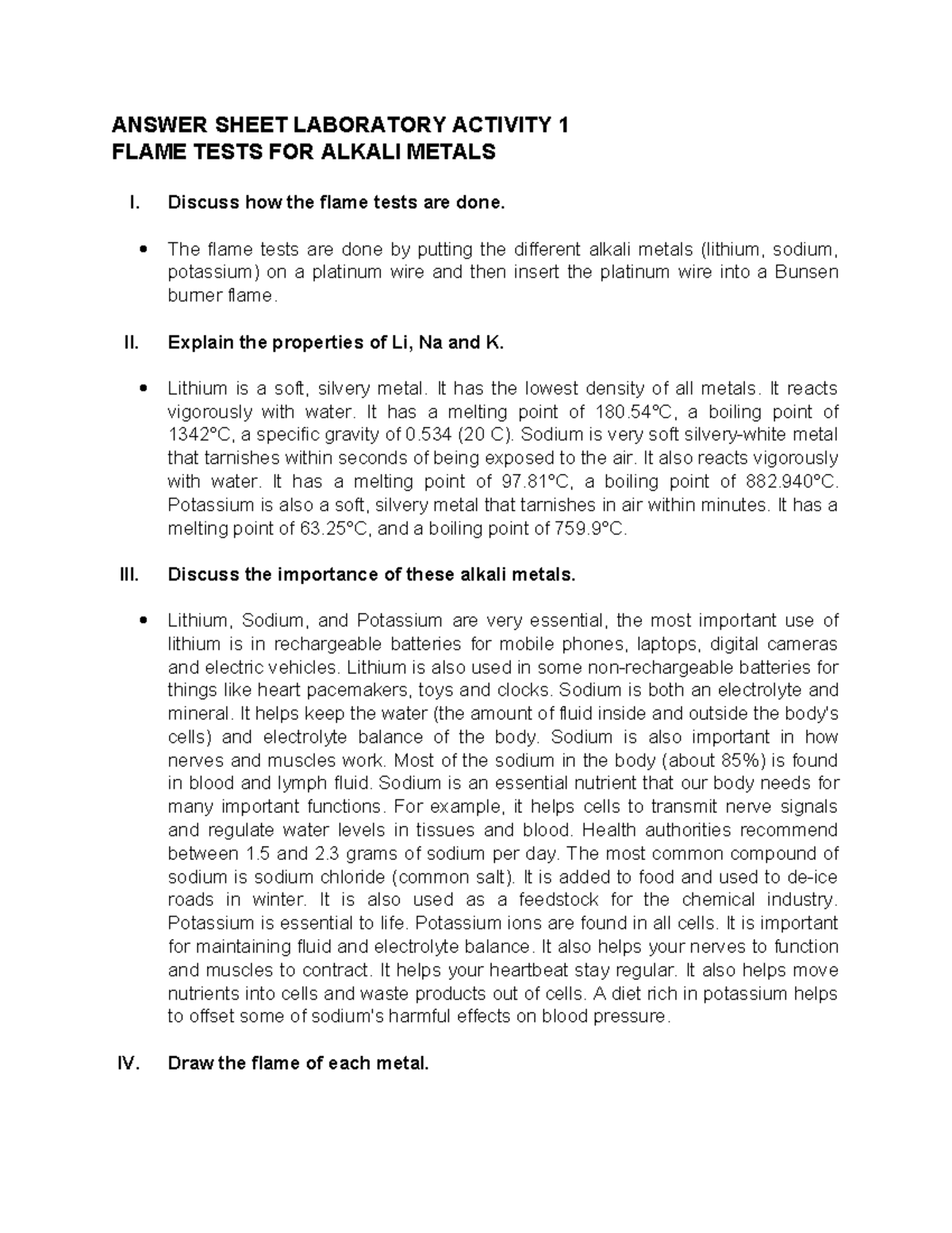 Anachem Activity 1 Flame Tests For Alkali Metals Answer Sheet