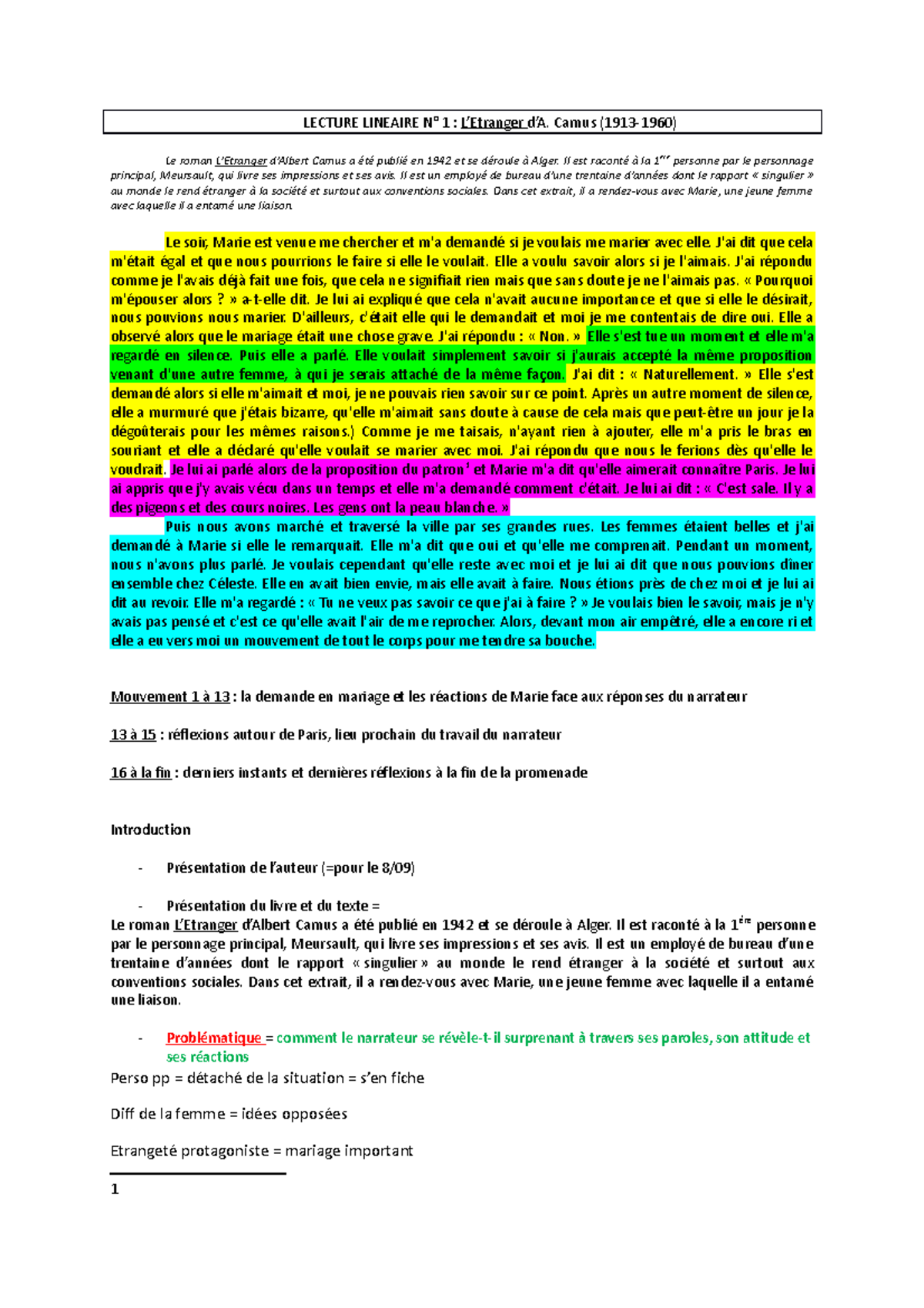 Lecture linéaire 1 Camus - LECTURE LINEAIRE N° 1 : L’Etranger d’A ...