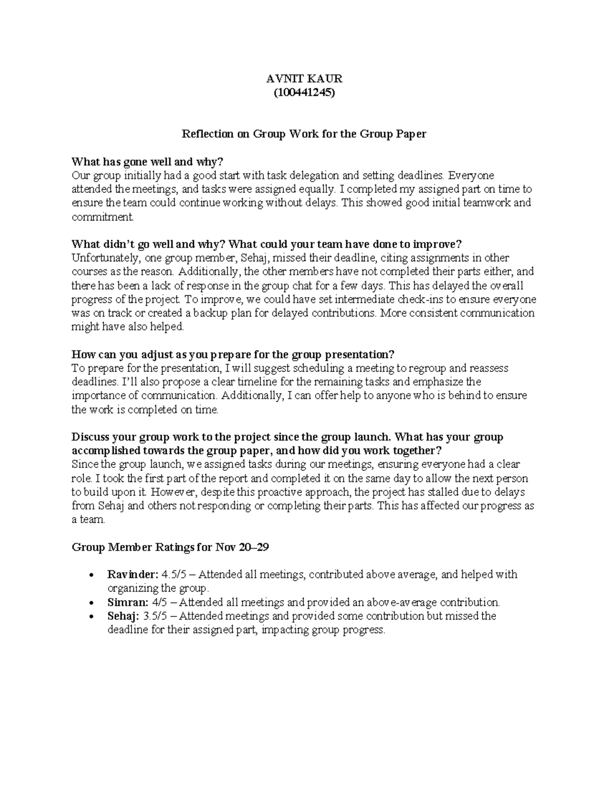 Avnit KAUR - material - AVNIT KAUR (100441245) Reflection on Group Work ...