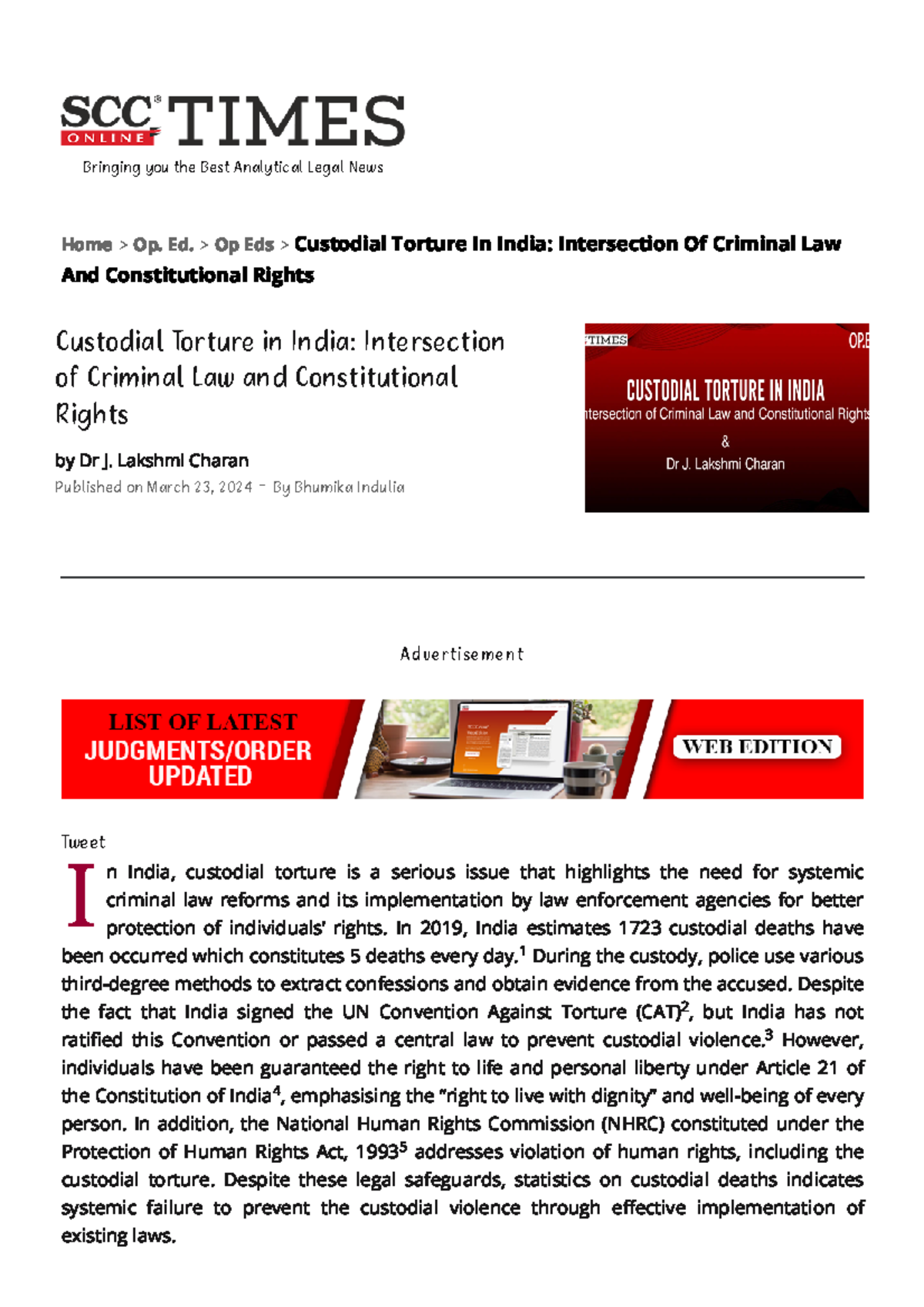 Custodial Torture in India Intersection of Criminal Law and Constitutional Rights SCC Times ...