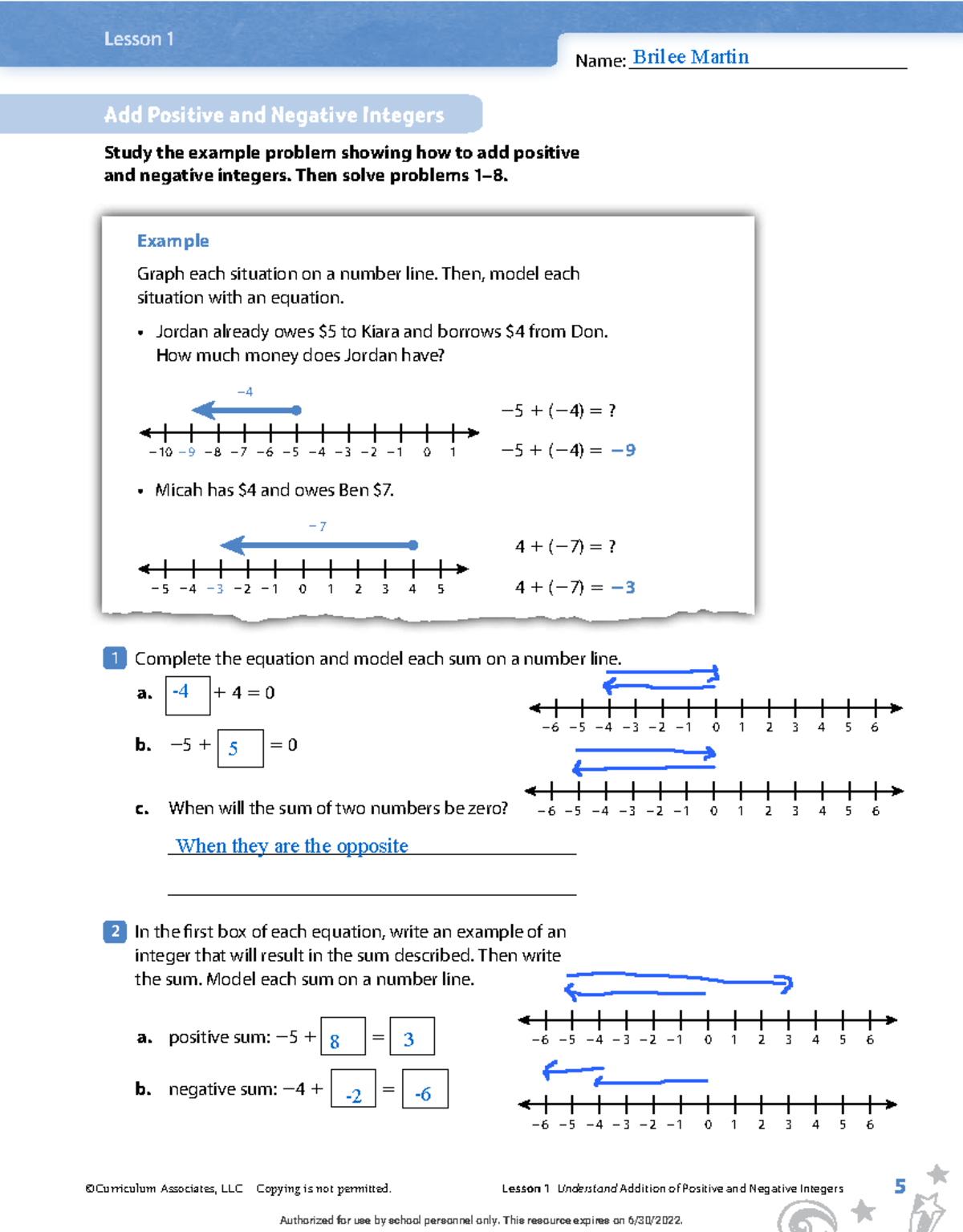 Lesson 1- Math Class - ©Curriculum Associates, LLC Copying is not ...