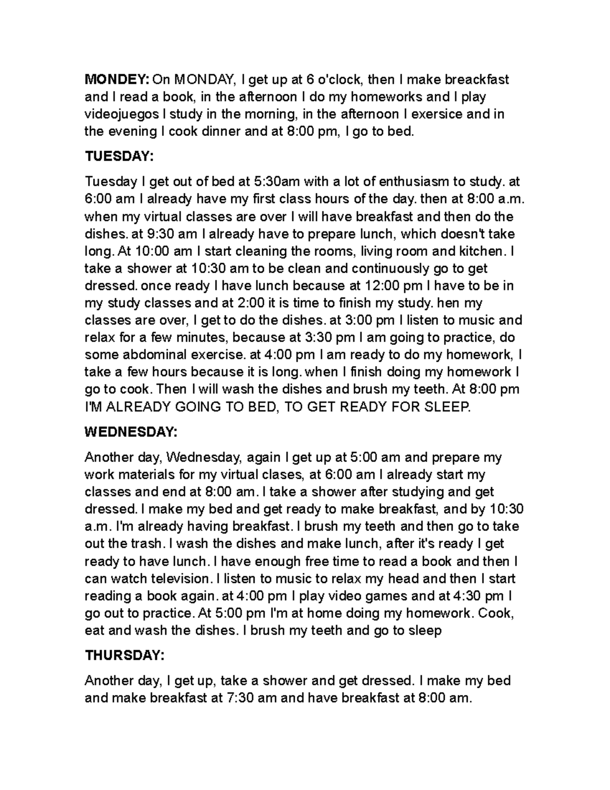 Weekly sheddle - Lecture notes 1 - MONDEY: On MONDAY, I get up at 6 o ...