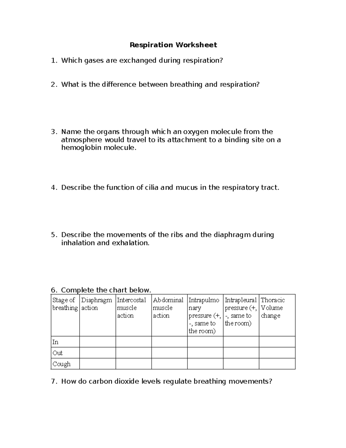 Respiration Worksheet - Respiration Worksheet Which gases are exchanged ...