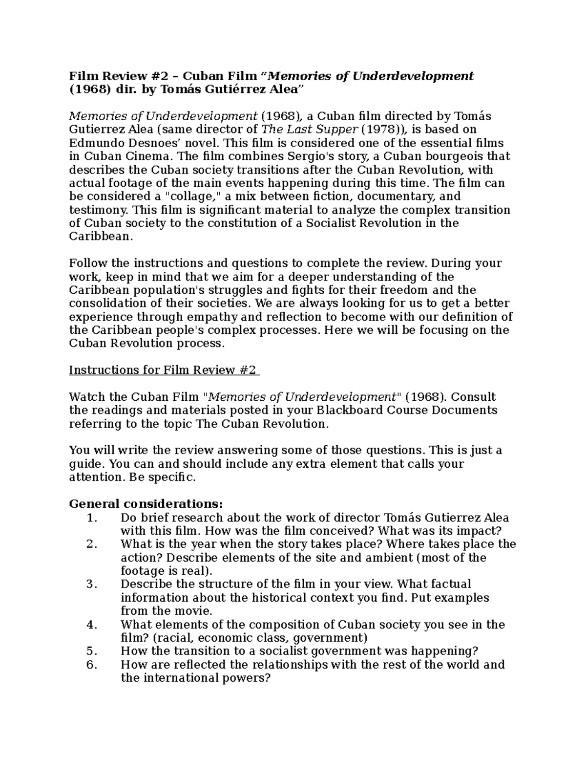 Film Review #2. Instructions - Film Review #2 – Cuban Film “Memories of ...