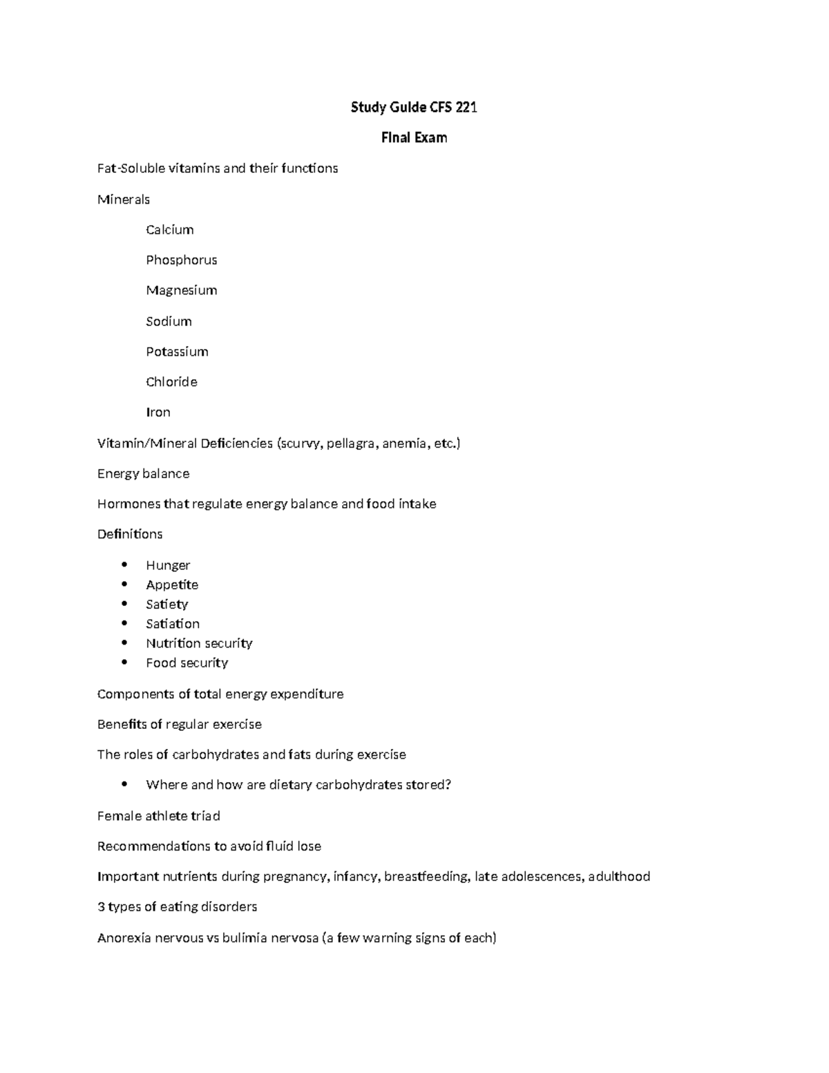 CFS 221 Study Guide Exam - Study Guide CFS 221 Final Exam Fat-Soluble ...