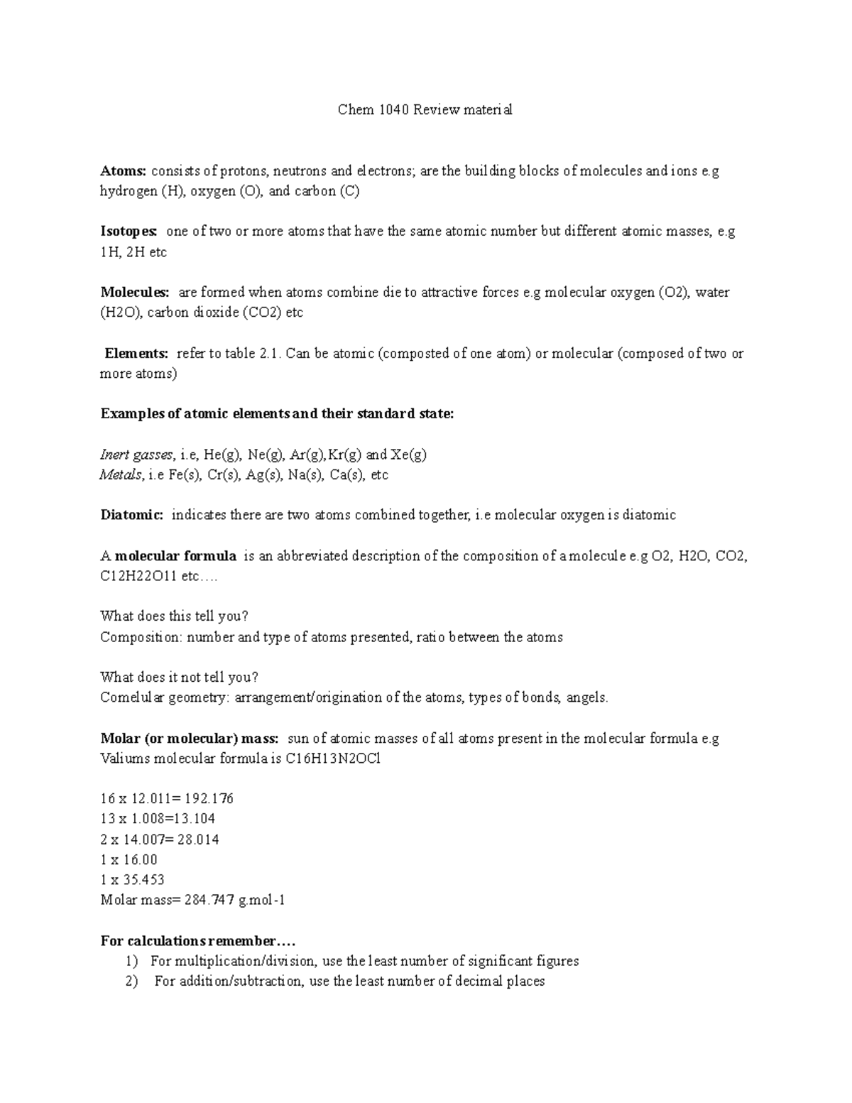 Review chem - dry lab - Chem 1040 Review material Atoms: consists of ...