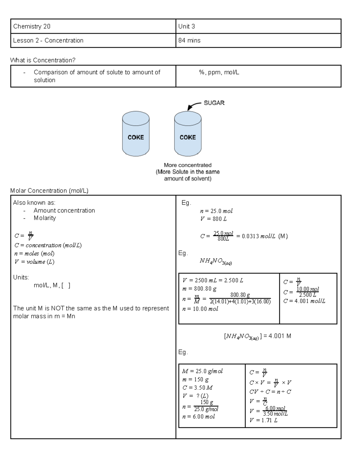 Chemistry Concentration - Chemistry 20 Unit 3 Lesson 2 - Concentration ...