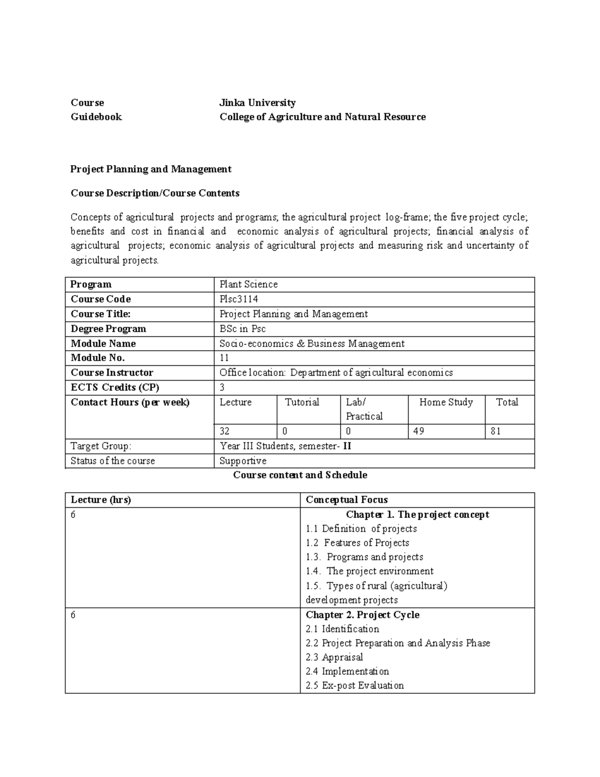 Psc Project planning and Analysis - Course Guidebook Jinka University ...
