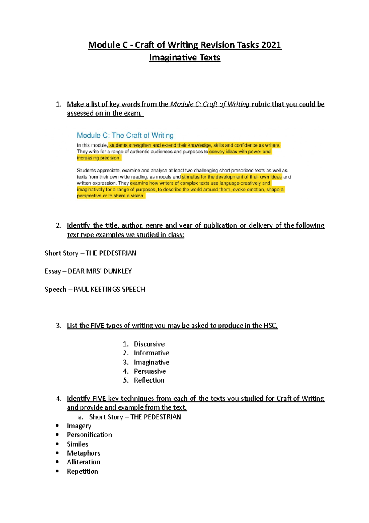 Craft of Writing Revision Tasks - Identify the title, author, genre and ...