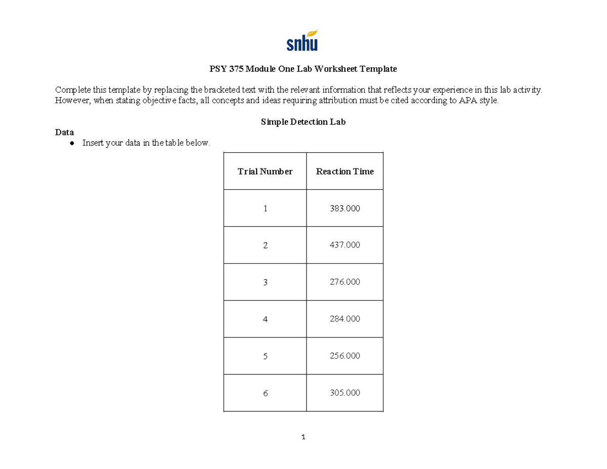 PSY 375 Module One Lab Worksheet Template - PSY 375 Module One Lab ...