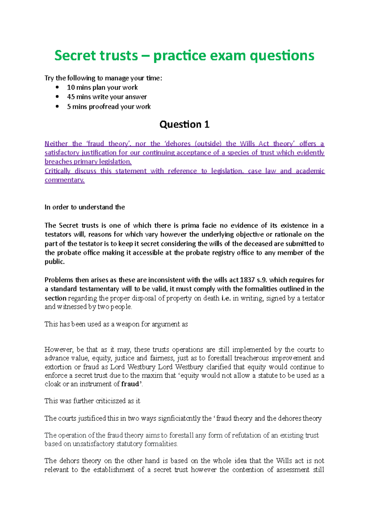 Equity and Trust - Secret trusts Exam practice questions - Secret ...