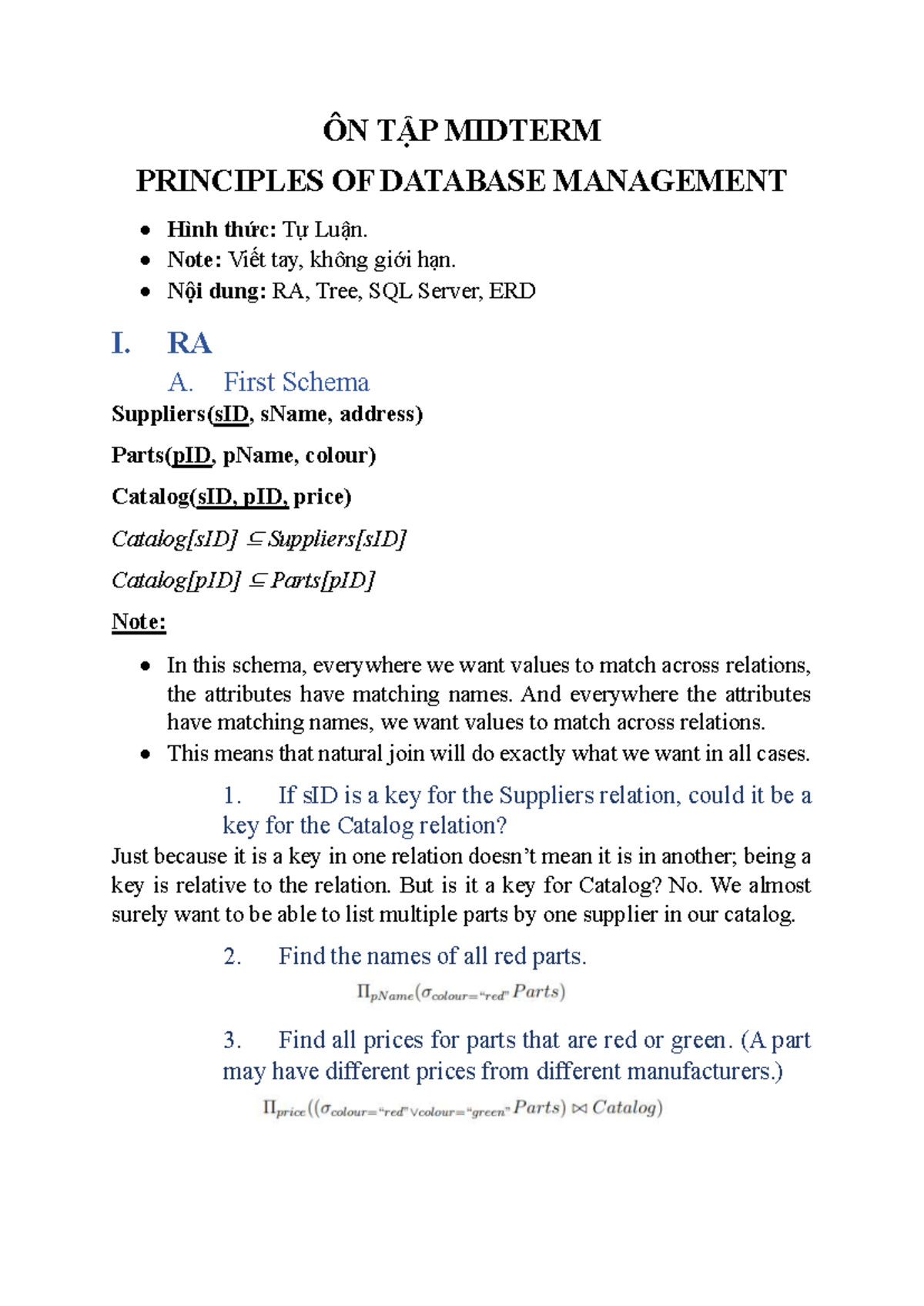 RA + SQL + ERD - pracc - ÔN TẬP MIDTERM PRINCIPLES OF DATABASE MANAGEMENT • Hình thức: Tự Luận ...