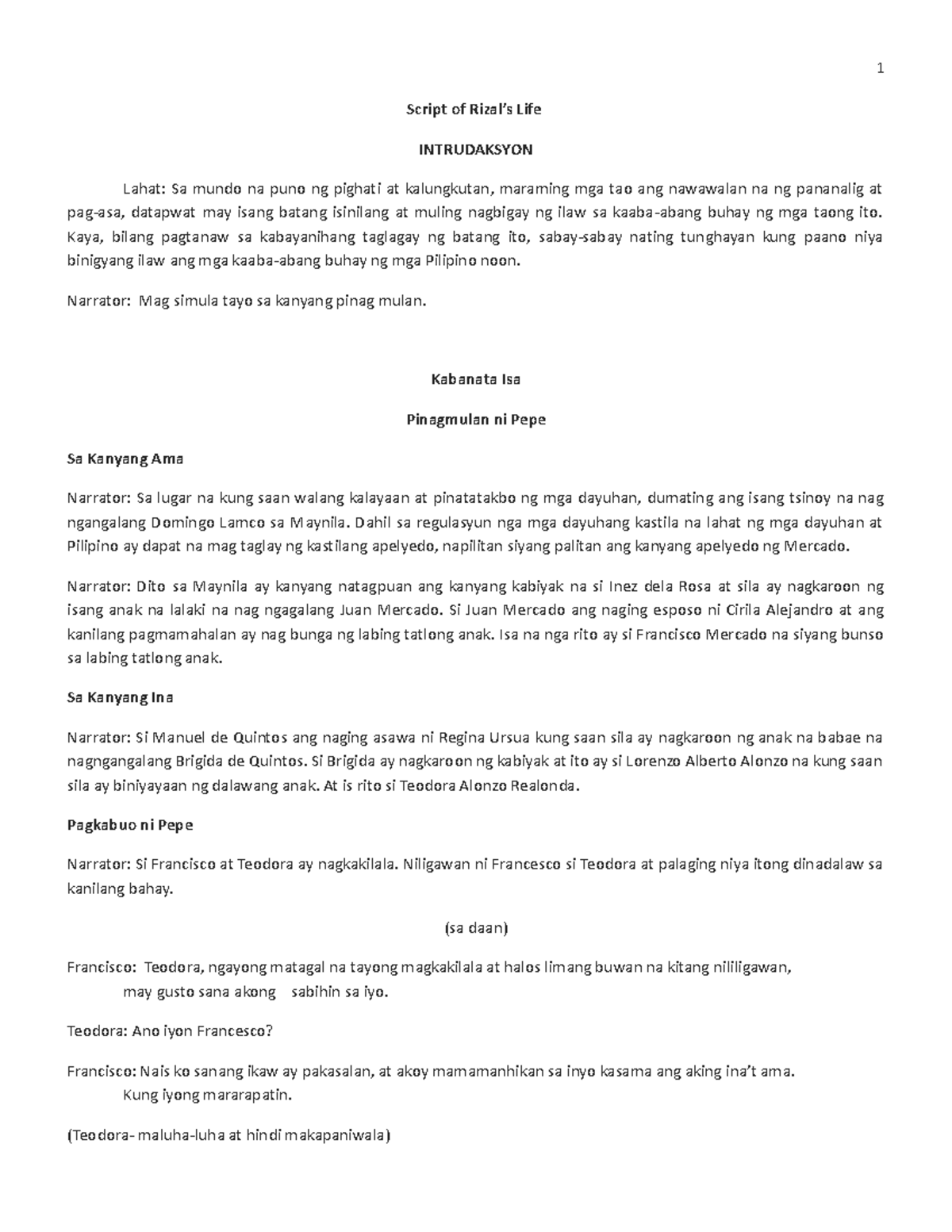 Rizal's Life - Rizal's Life Script - Script of Rizal’s Life ...