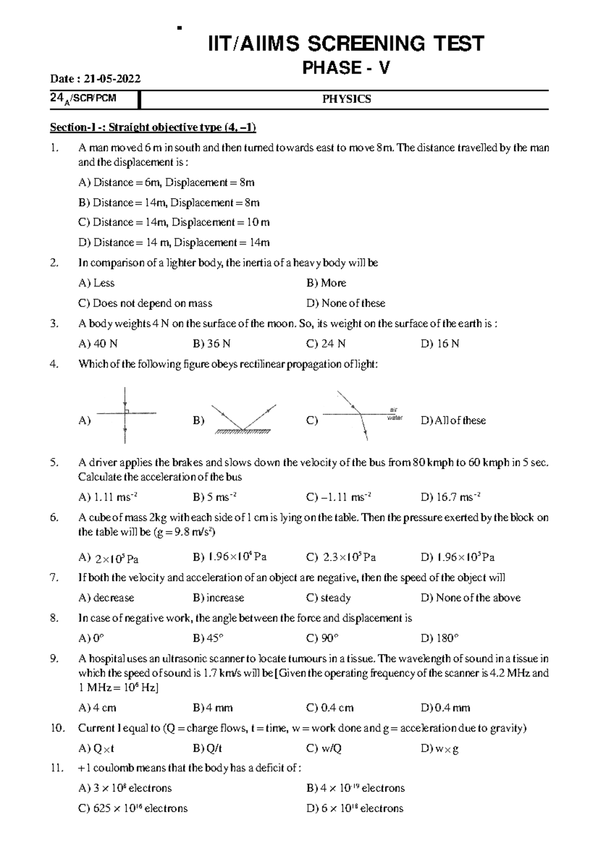 IIT Aiims Sample Question Papers - 24 A/SCR/PCM IIT/AIIMS SCREENING ...