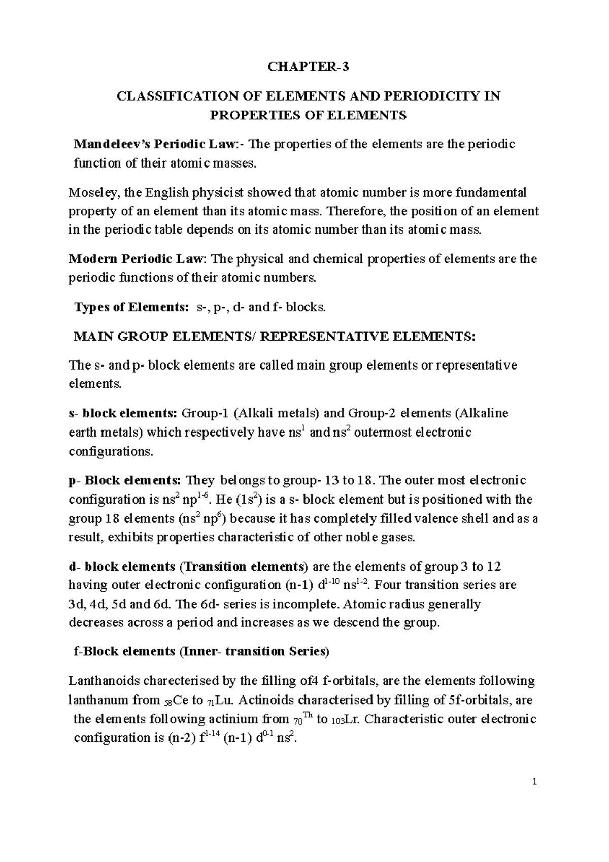 11 chemistry notes ch03 classification of elements - CHAPTER- 3 ...
