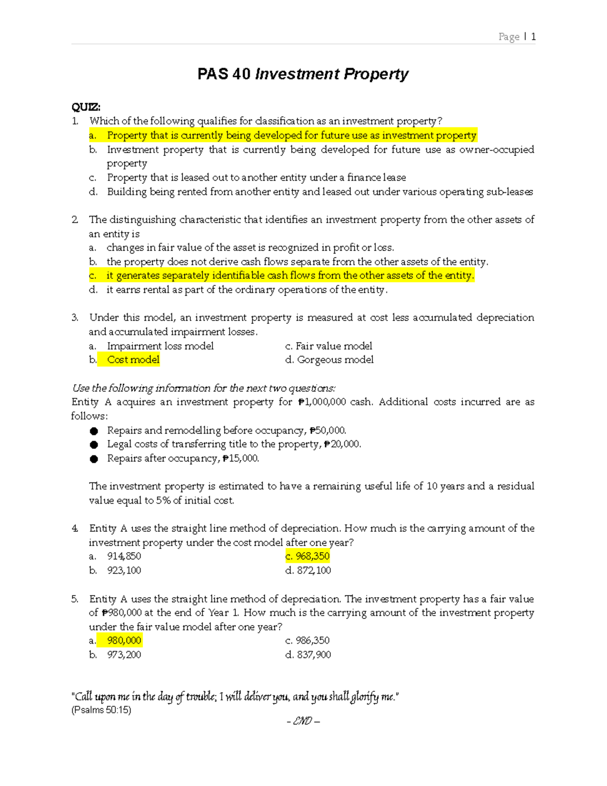 QUIZ PAS 40 Investment Property - Page | 1 PAS 40 Investment Property ...