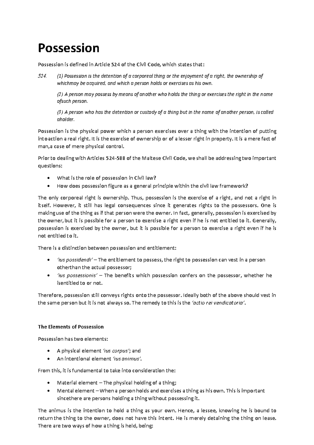 Possession - LLB 1st Year notes - Possession Possession is defined in ...