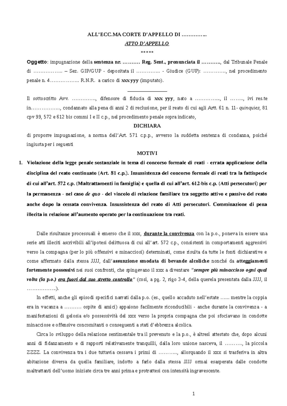 Appello imputato - ALL'ECC CORTE D’APPELLO DI ............... ATTO D ...