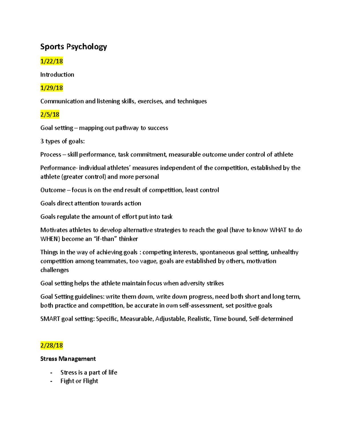 Sports Psychology 1009 Notes - Sports Psychology 1/22/ Introduction 1 ...