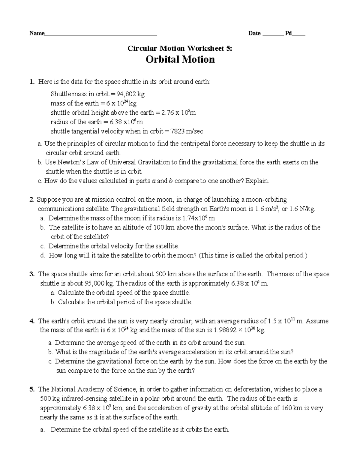 HW5.5 Orbital Motion WS 1 - Name Date Pd Circular Motion Worksheet 5 ...