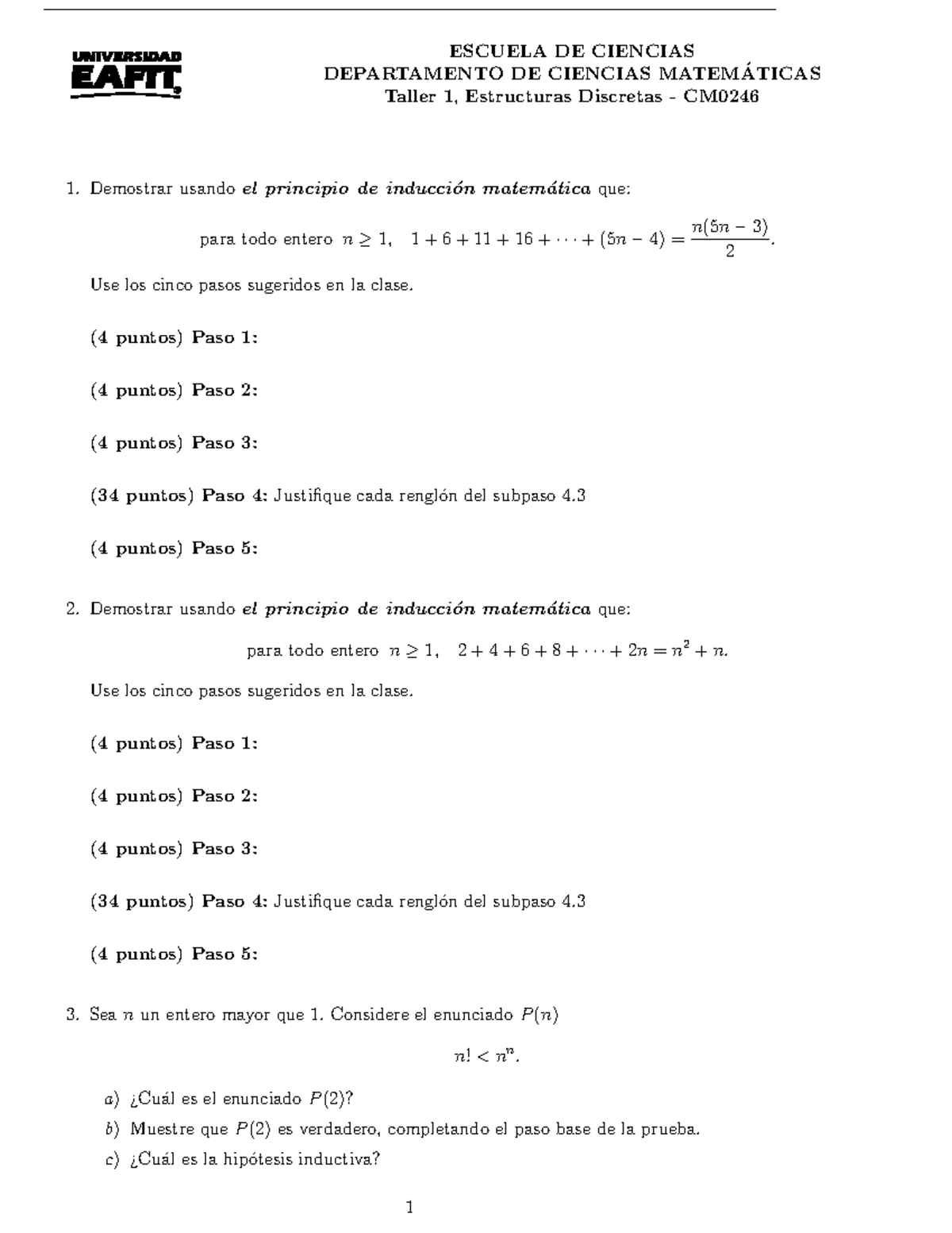 Taller semana 1 - DEPARTAMENTO DE CIENCIAS MATEM ́ESCUELA DE CIENCIAS ...