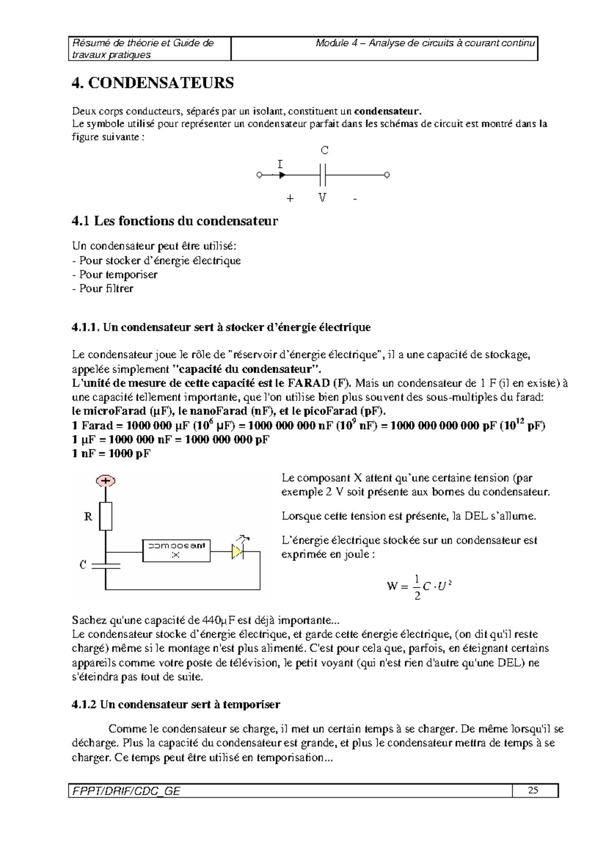 M 05 Analyse de circuits à courant continu-26-31 - travaux pratiques 4. CONDENSATEURS Deux corps ...