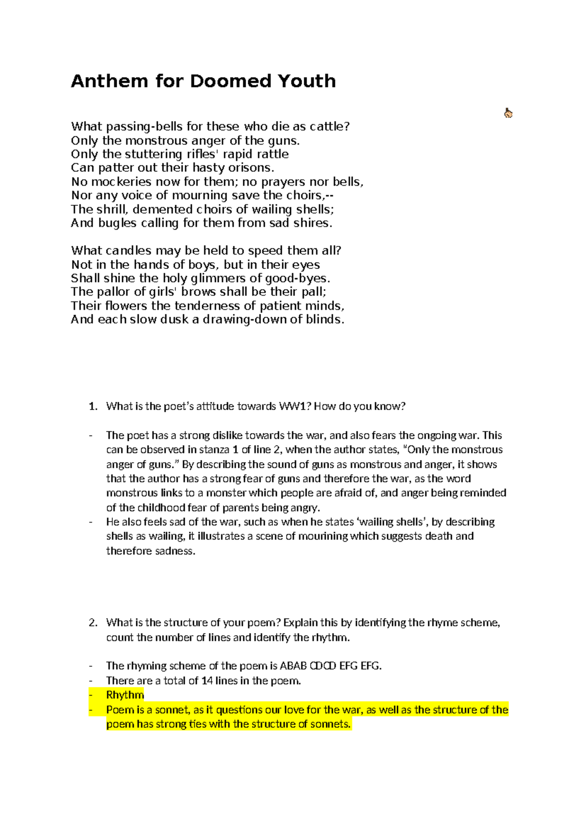 Anthem for Doomed Youth - Only the stuttering rifles' rapid rattle Can ...