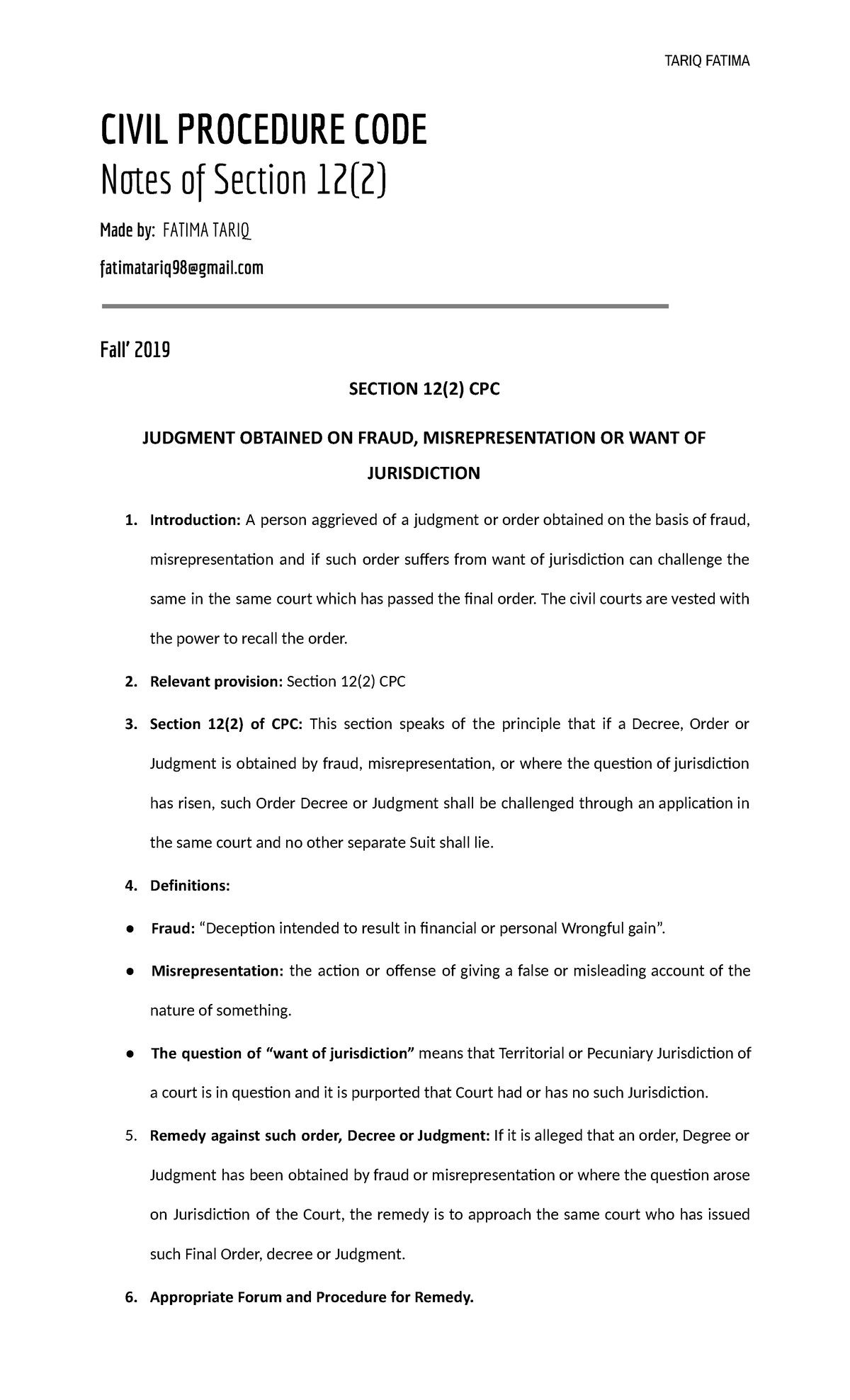 SECTION 12(2) CPC - TARIQ FATIMA CIVIL PROCEDURE CODE Nes of Section 12 ...