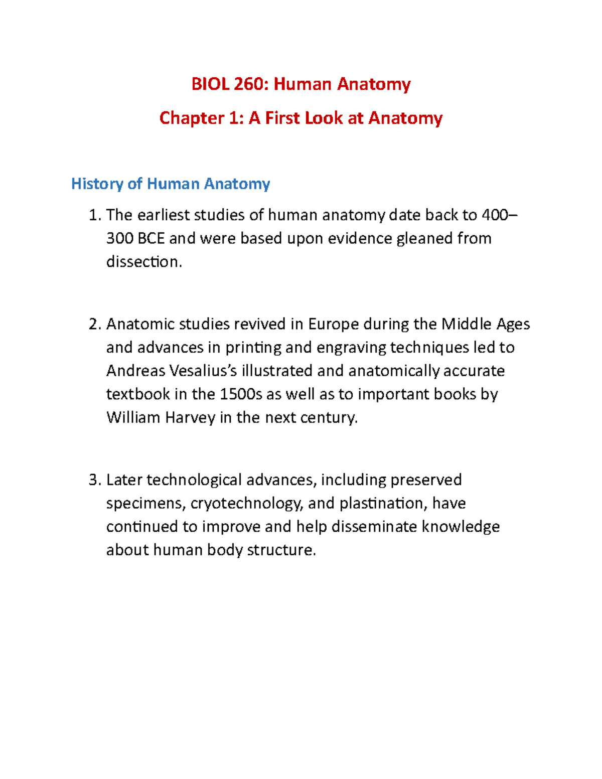 Human Anatomy Ch1 (Notes) - BIOL 260: Human Anatomy Chapter 1: A First ...