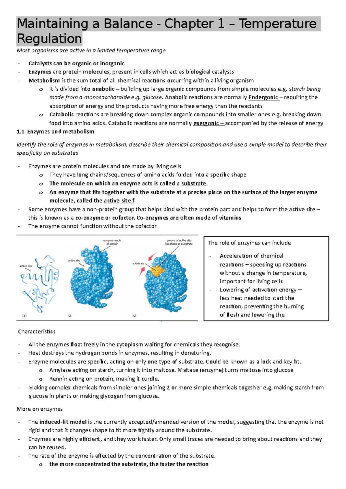 Biology Notes - Maintaining a Balance - Chapter 1 – Temperature ...