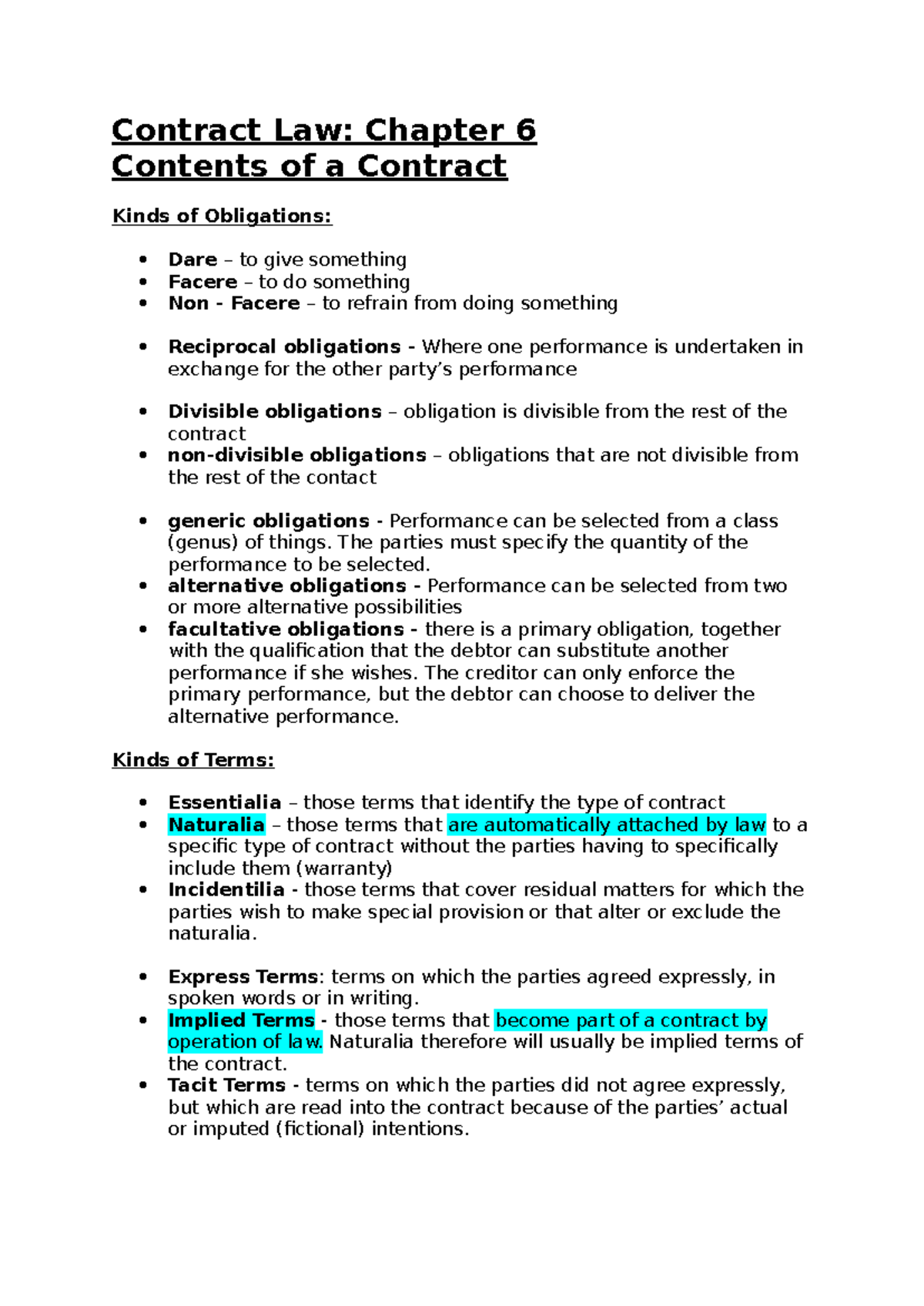 Contract law ch6 - Contract Law: Chapter 6 Contents of a Contract Kinds ...