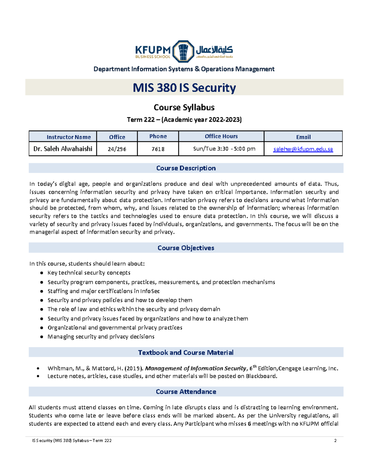 MIS380 222 Syllabus - bruh - Department Information Systems ...