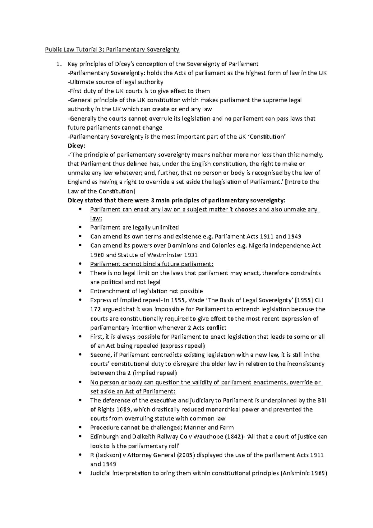 Public Law Tutorial 3 Notes Public Law Tutorial 3 Parliamentary Sovereignty Key Principles